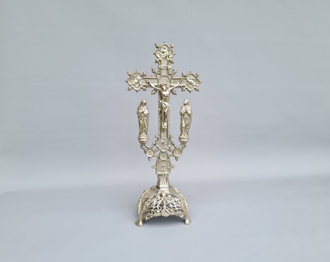Antique French Spelter Zinc Standing Cross Altar / Table Altar Crucifix ...