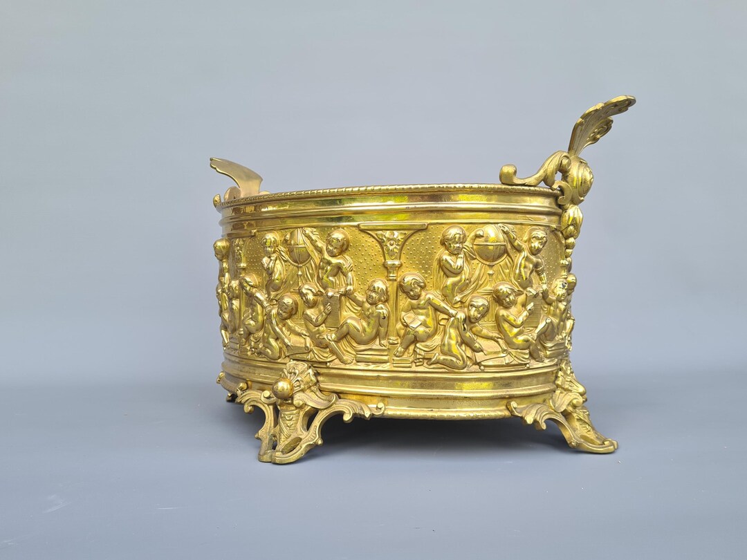 Oval Antique French Embossed Repousse Brass Jardinière / Planter ...