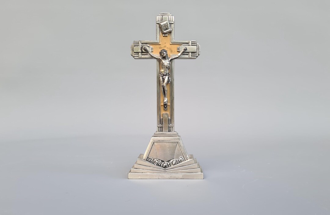 Antique Small French Metal Art Deco Standing Cross Altar / Table Altar ...