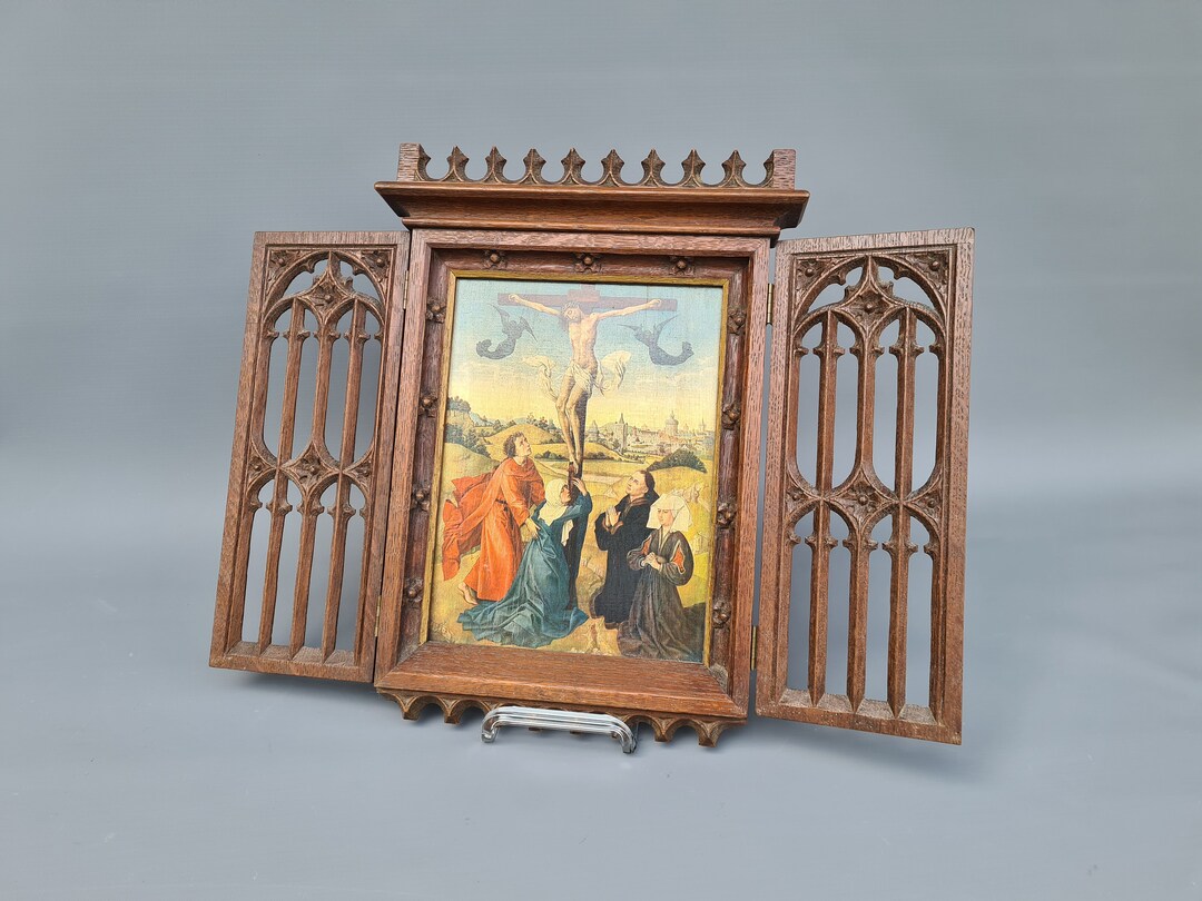 Small French Oak Wooden Carved Antique Neo Gothic Triptych With ...