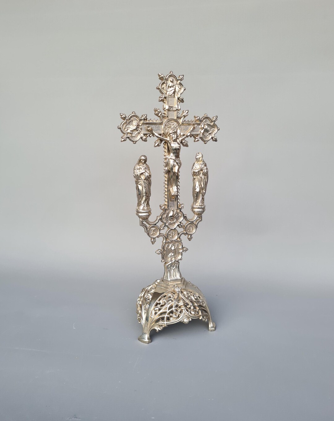 Antique French Spelter Zinc Standing Cross Altar / Table Altar Crucifix ...