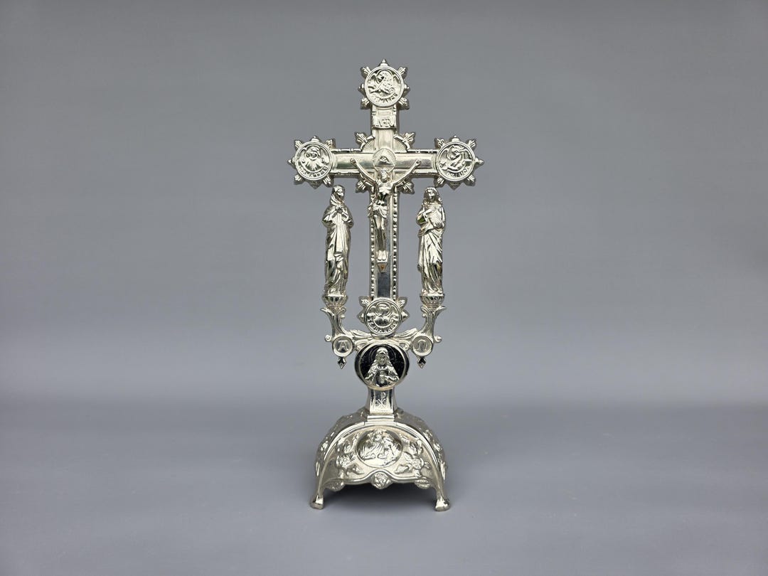 Antique French Spelter Zinc Standing Cross Altar / Table Altar Crucifix ...