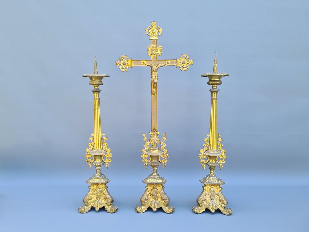 Antique Large Brass Brass Altar Cross and Candlestick Set ++ - Etsy