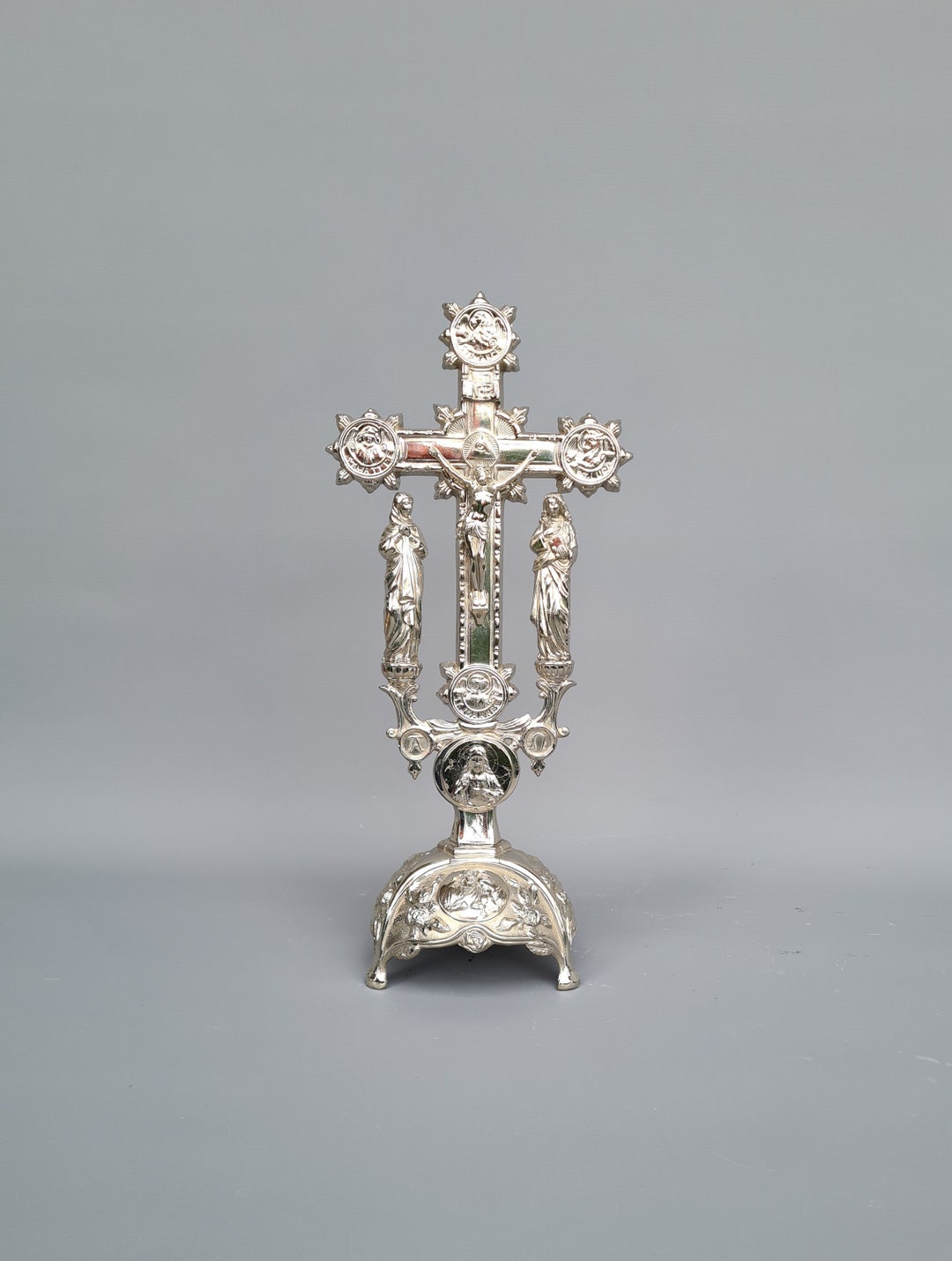 Antique French Spelter Zinc Standing Cross Altar / Table Altar Crucifix ...