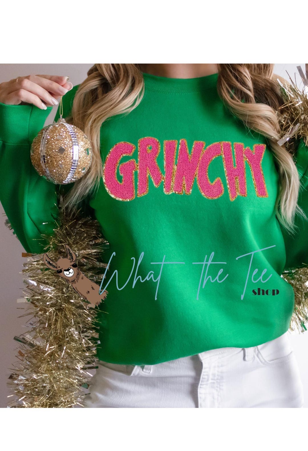 Grinchy Green Chenille Patch Crewneck | Funny Holiday Sweater Pink Cozy Pullover Hoodie - Etsy