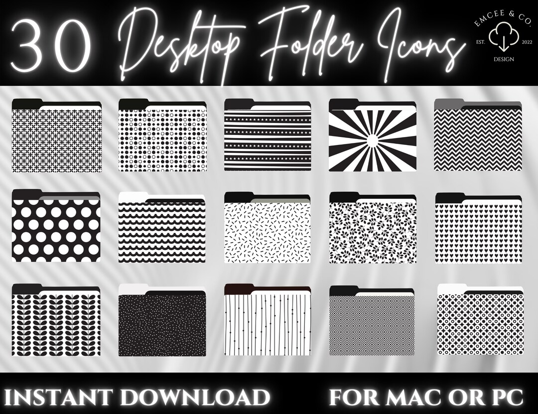 Black & White Desktop Folder Icons | Compatible for Windows or Mac ...