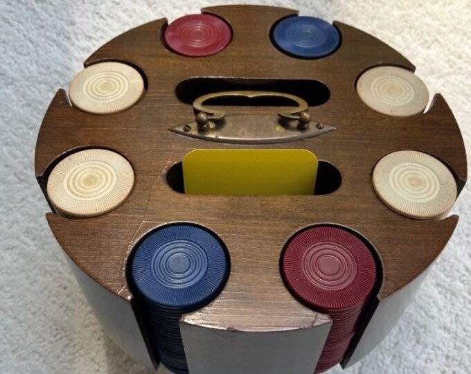 Wooden Poker Chip Rack With 200 Chips and Cover Slots for Cards Vintage ...