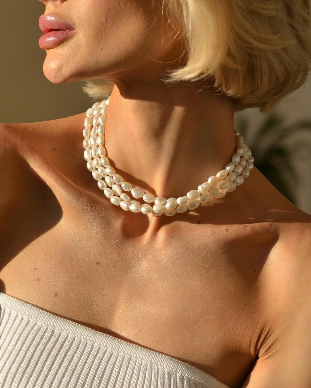 3 Layer Pearl Choker - Real Freshwater Pearl Necklace - Elegant Bridal Necklace - Handcrafted ...