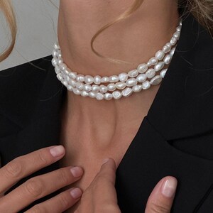 Real Freshwater Pearl Choker Necklace - 3 Layered Pearl Choker - Bridal Choker, Wedding Necklace ...