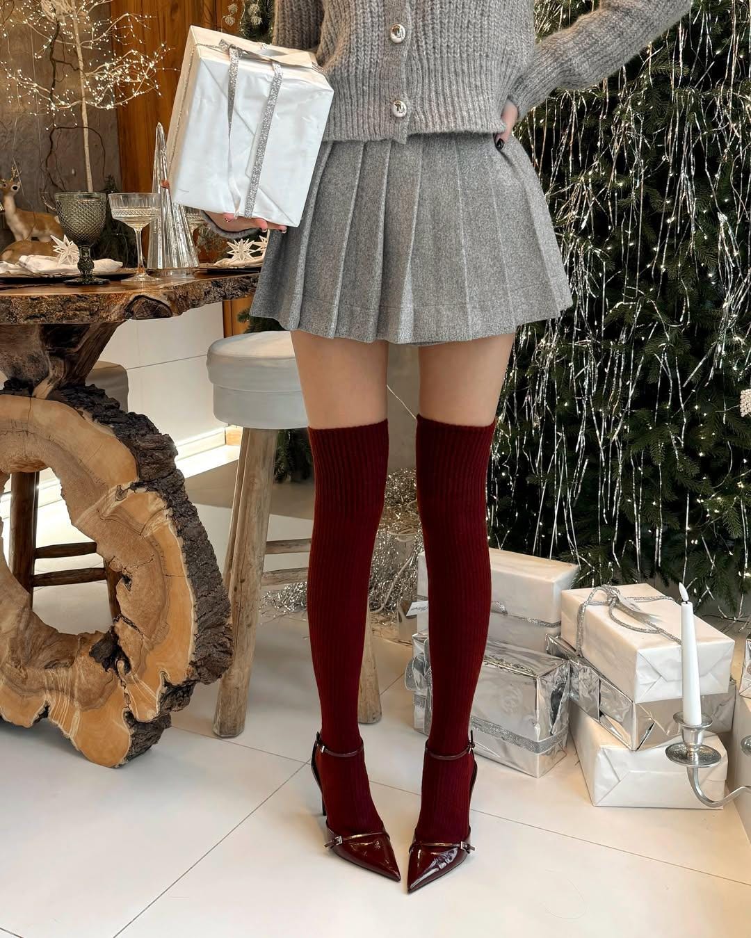 Burgundy Merino Wool High Stockings - Warm Above Knee Wool Socks in 11 ...