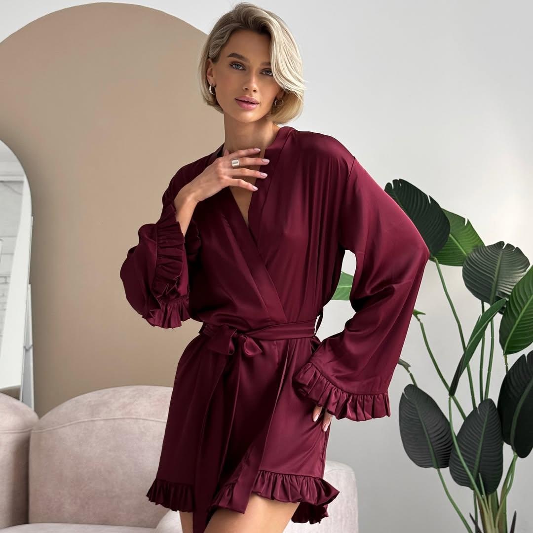 Maroon Short Robe With Elegant Ruffles - Burgundy Silk Robe - Perfect ...