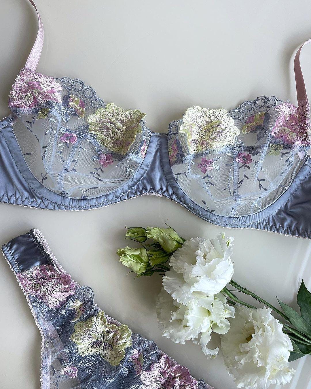 Blue Flower Embroidered Lingerie Set - Rloral Lace Bra and Panty Set ...