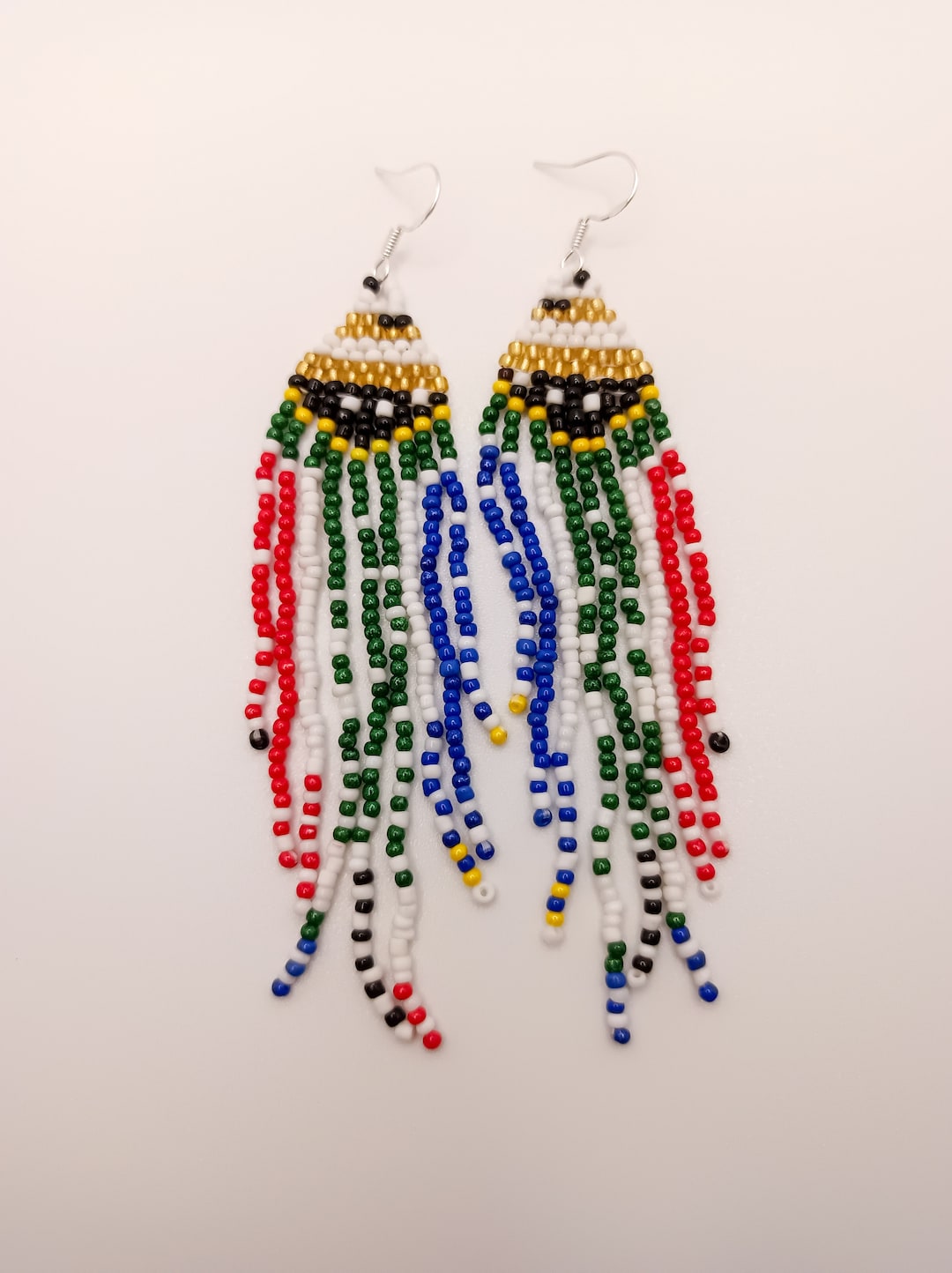 South African Flag Seed Bead Earrings, Longe Fringe Earrings, African ...