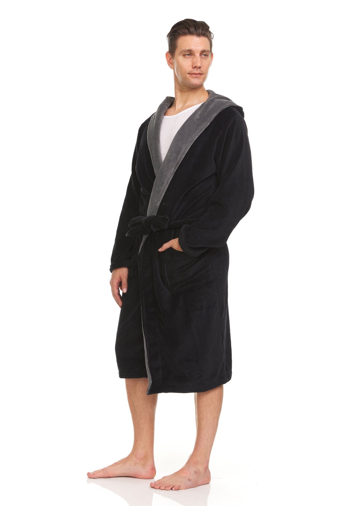 Bathrobe - Coral Fleece Shawl Collar - Black / Grey Collar - Etsy