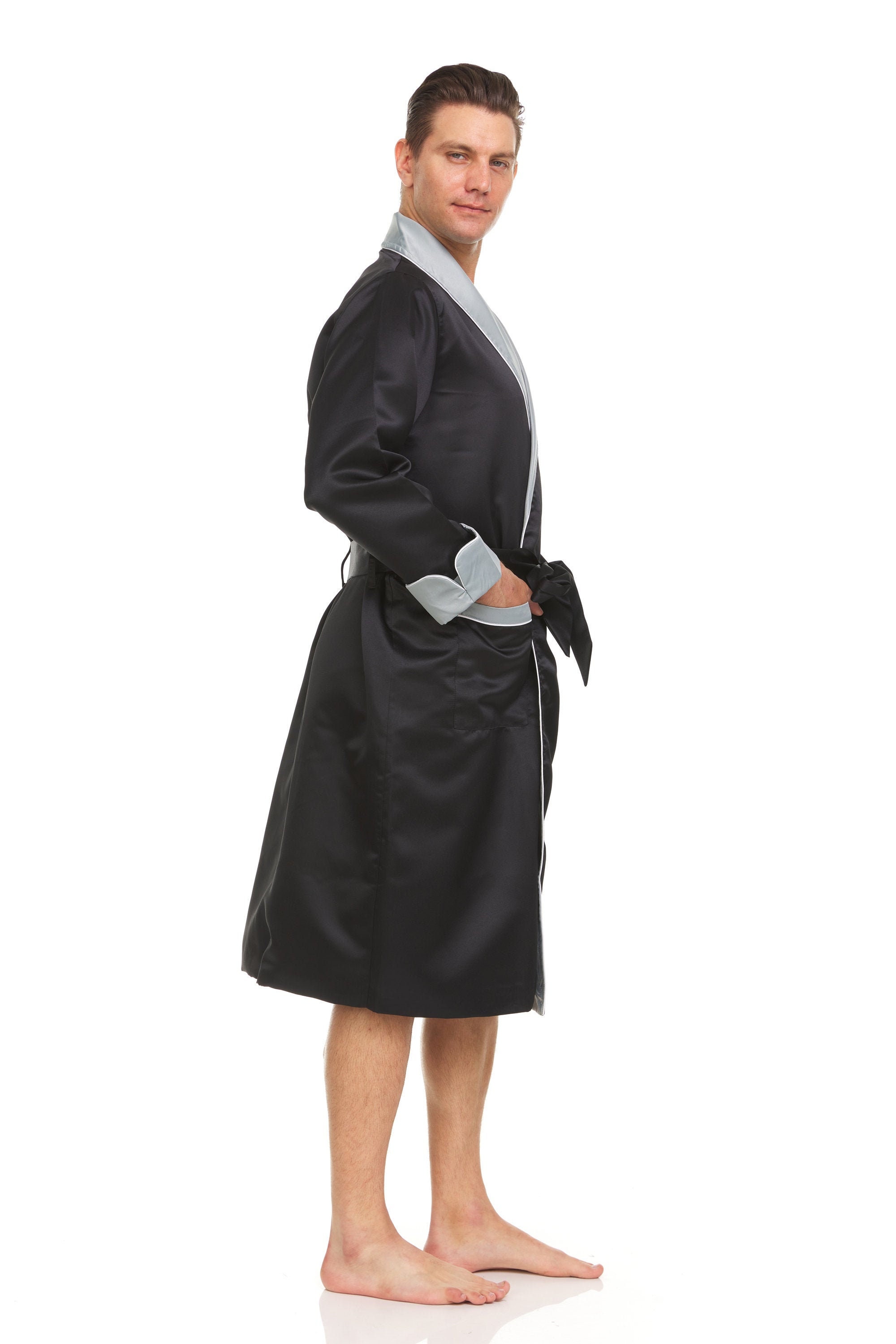 Mens Silk Satin Robe Heavy Weight Fully Lined BLACK / GREY | Etsy