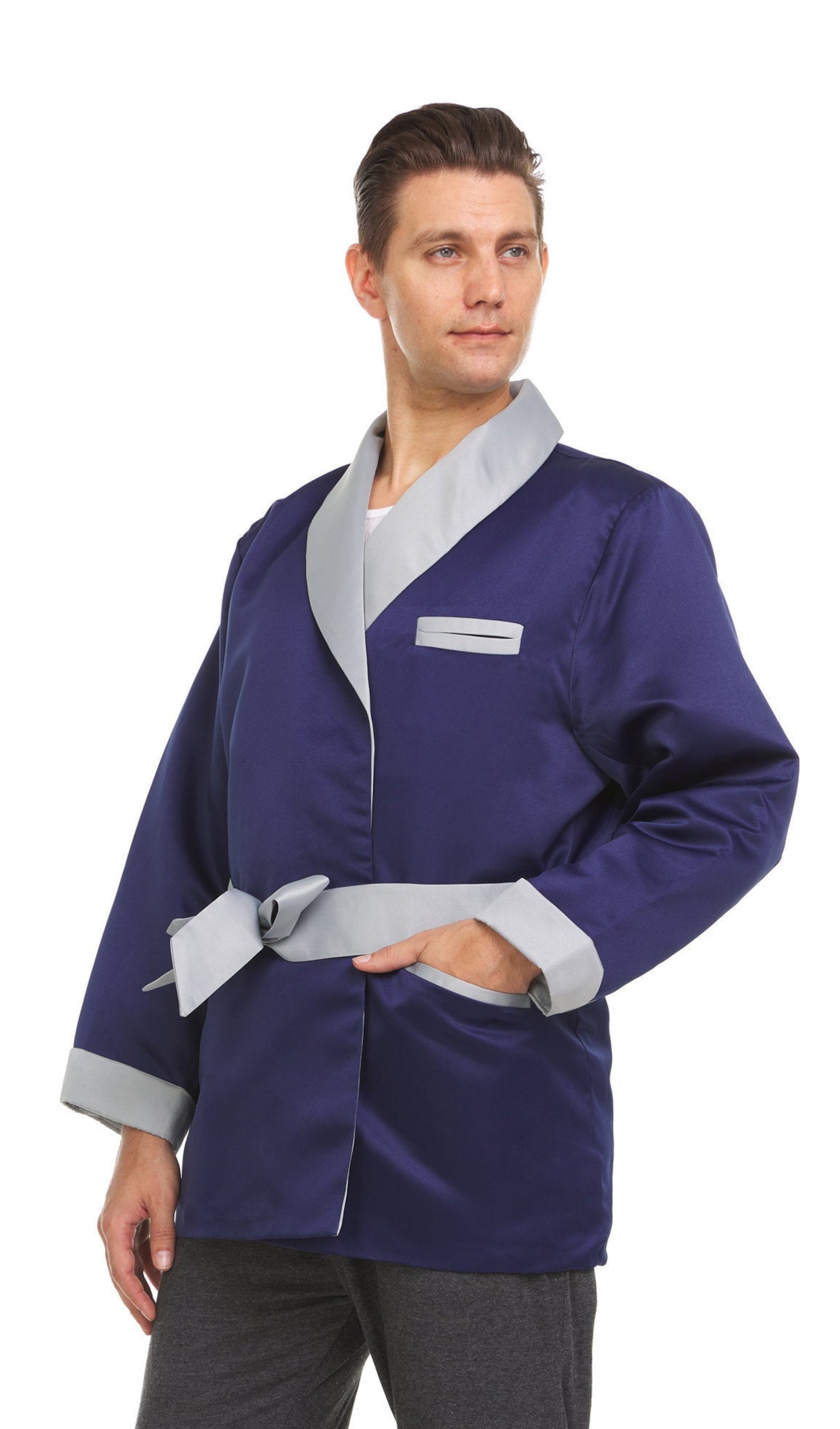 Mens Silk Satin Smoking Jacket Navy Shell / Grey Collar - Etsy