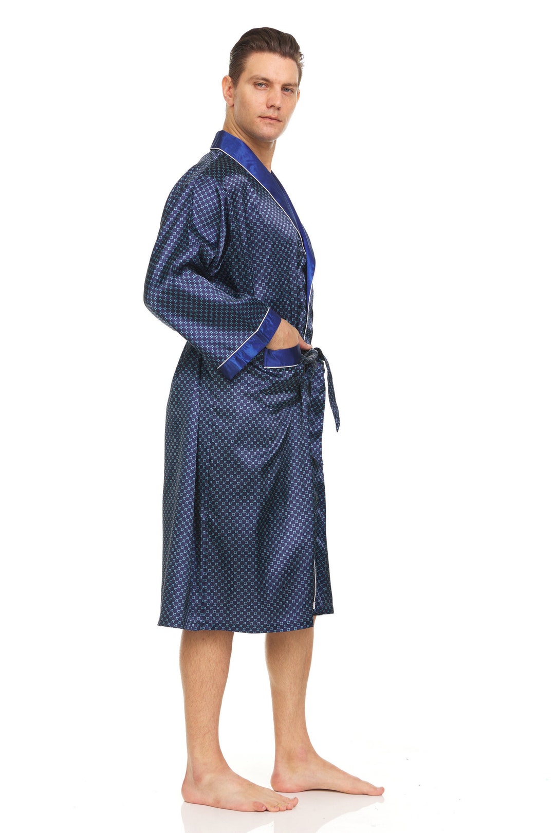 Mens Silk Satin Robe - Blue Checker - Etsy