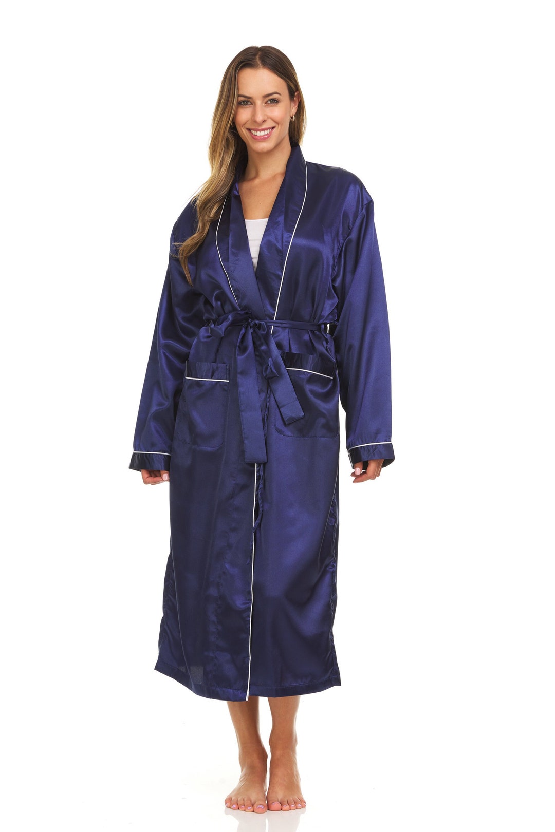 Women's Silky Satin Robe Navy / White Piping - ( SR-NVY ) - Etsy