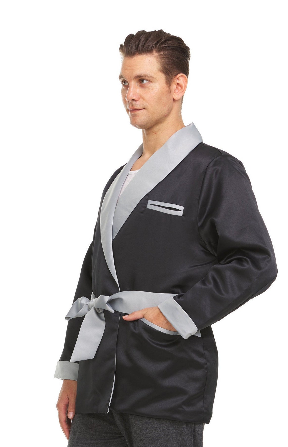 Mens Silk Satin Smoking Jacket Black / Silver | Etsy