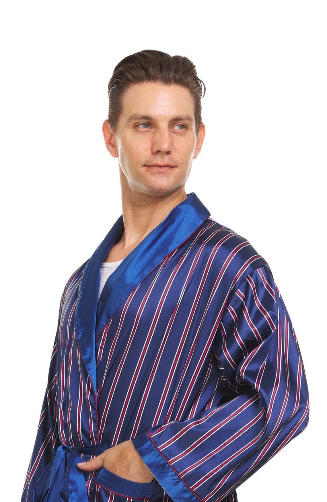Men's Silk Satin Robe Royal Blue Purple White Stripe | Etsy