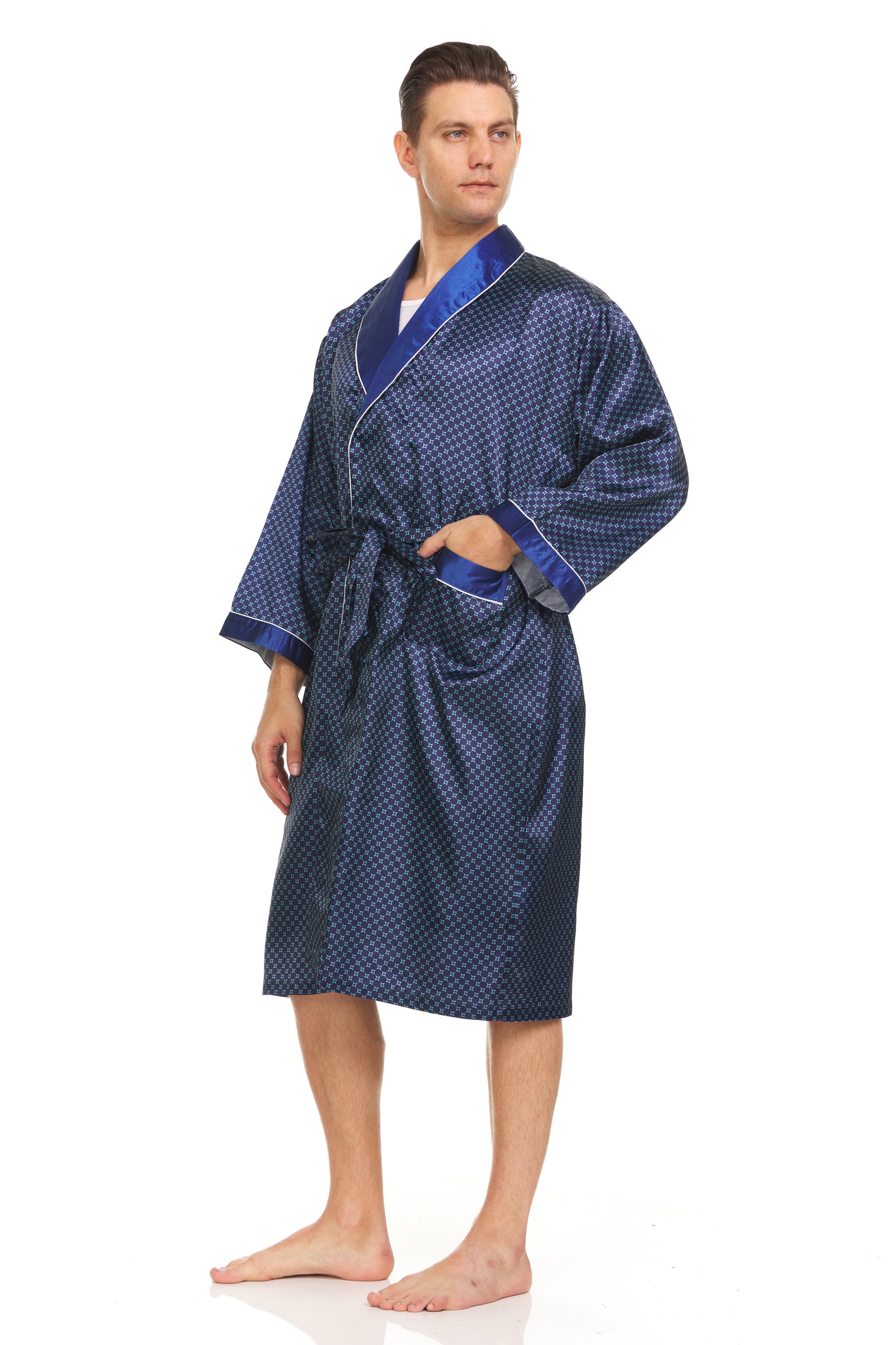 Mens Silk Satin Robe Blue Checker | Etsy