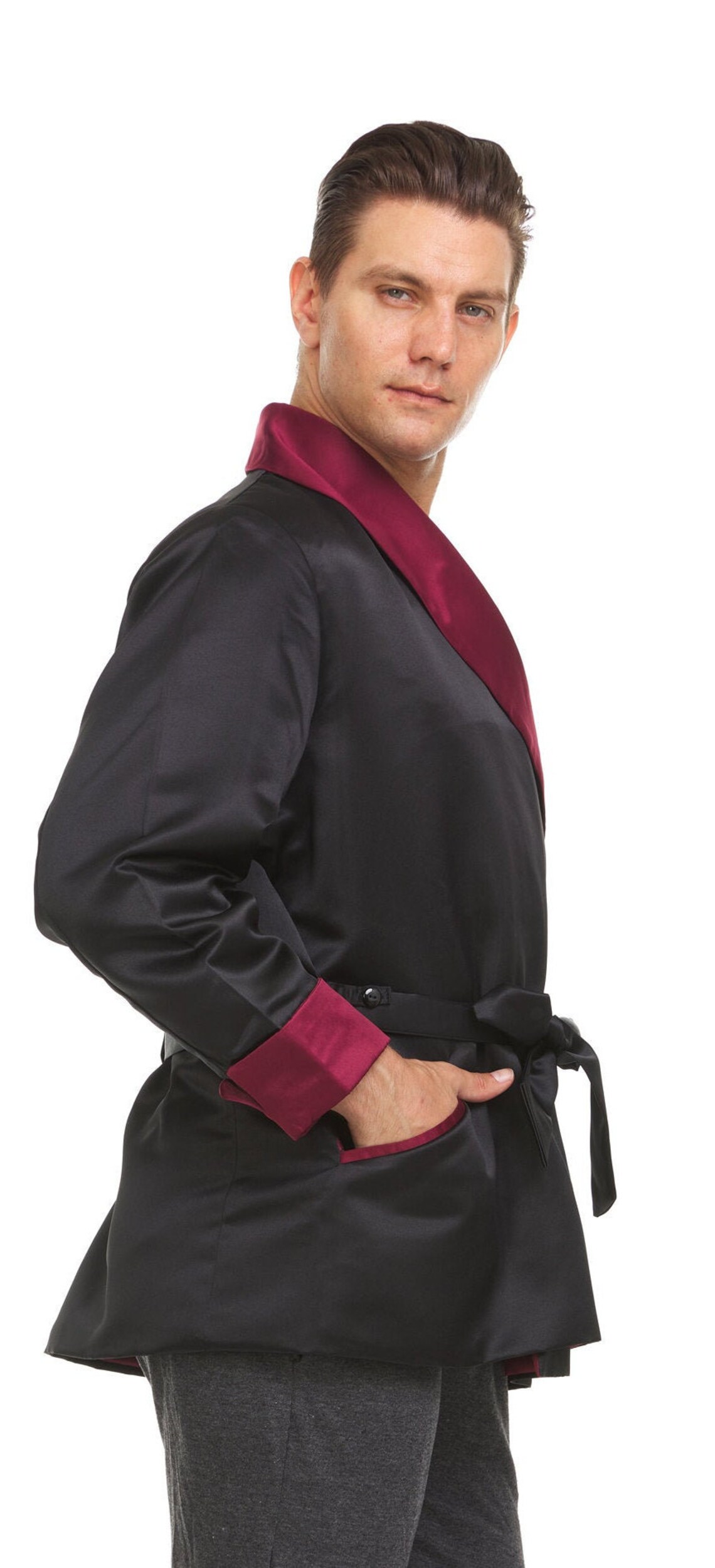 Mens Silk Satin Smoking Jacket Black Shell / Burgundy Collar - Etsy UK