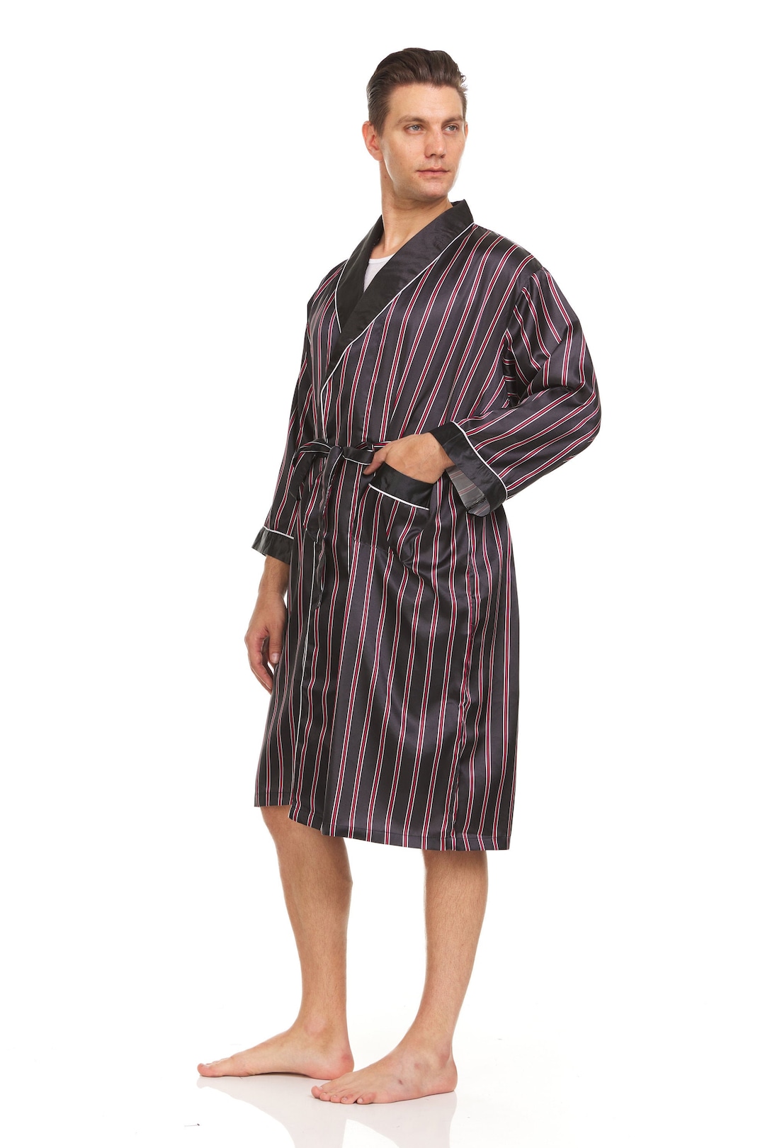 Mens Silk Satin Robe - Black - Burgundy - White Stripe - Etsy