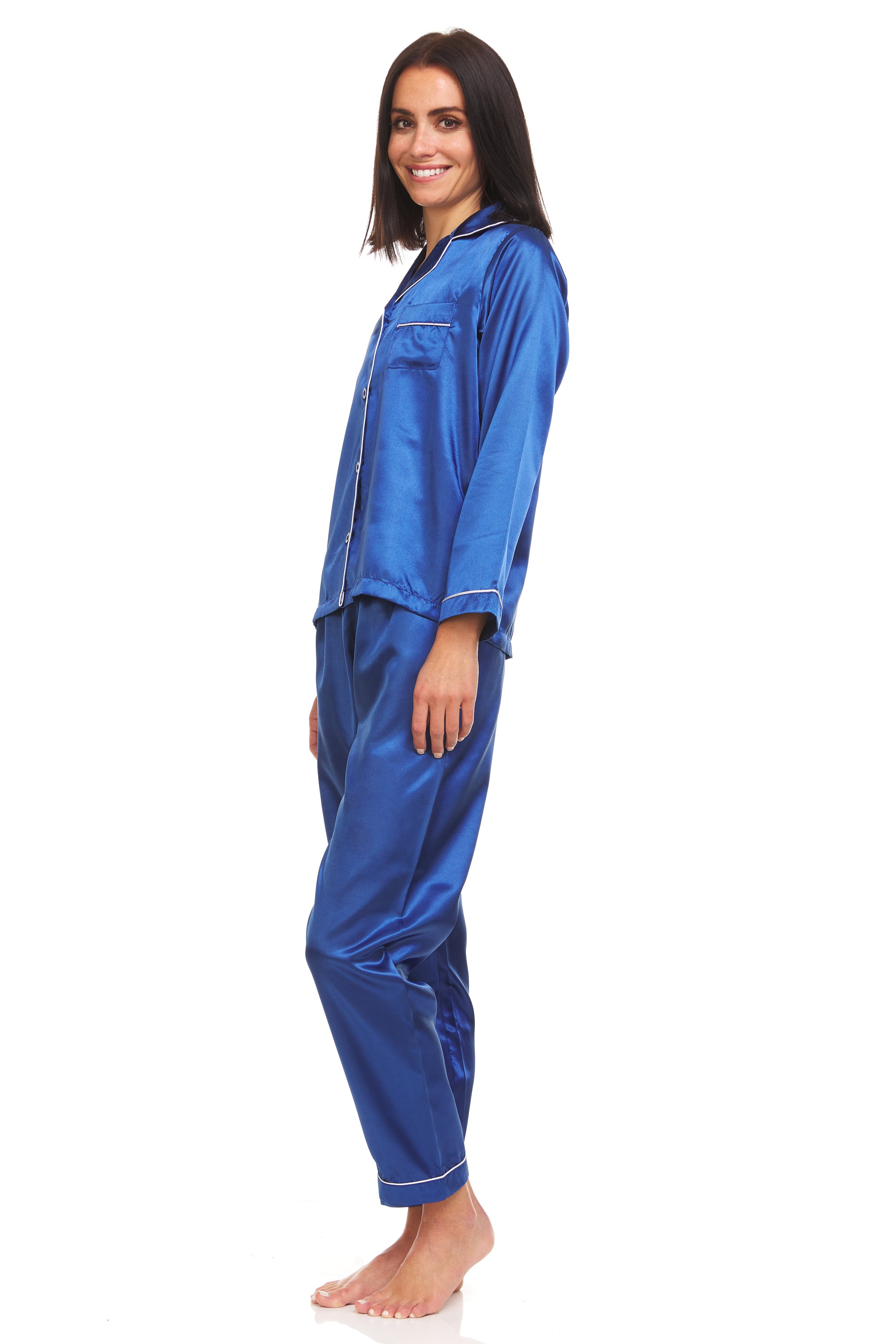 Womens Silk Satin Pajamas - PJ Set Top and Bottom - Blue - White Piping ...