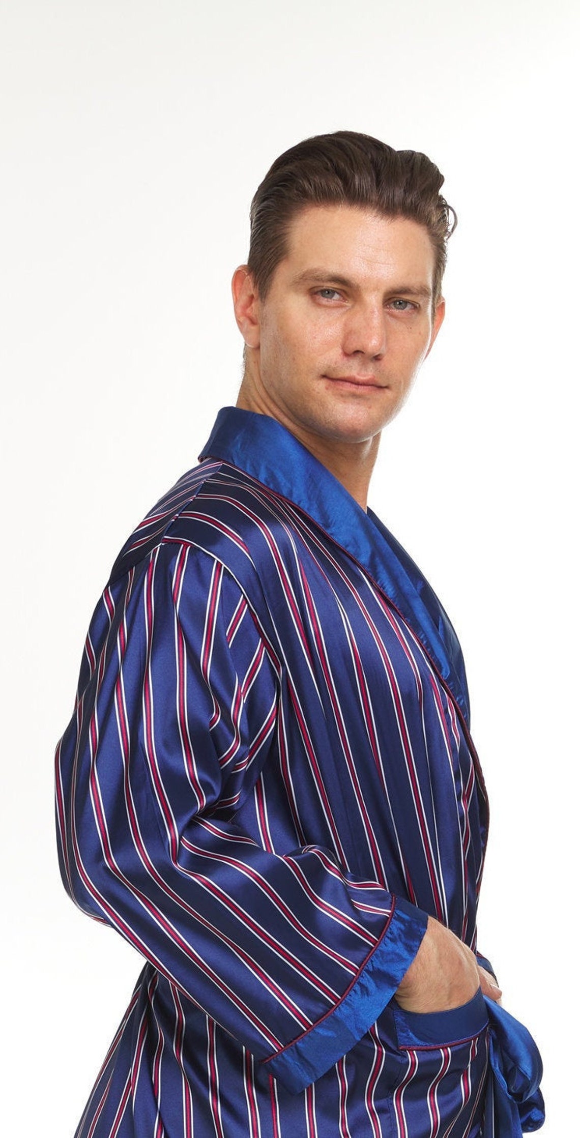Men's Silk Satin Robe Royal Blue Purple White Stripe - Etsy UK