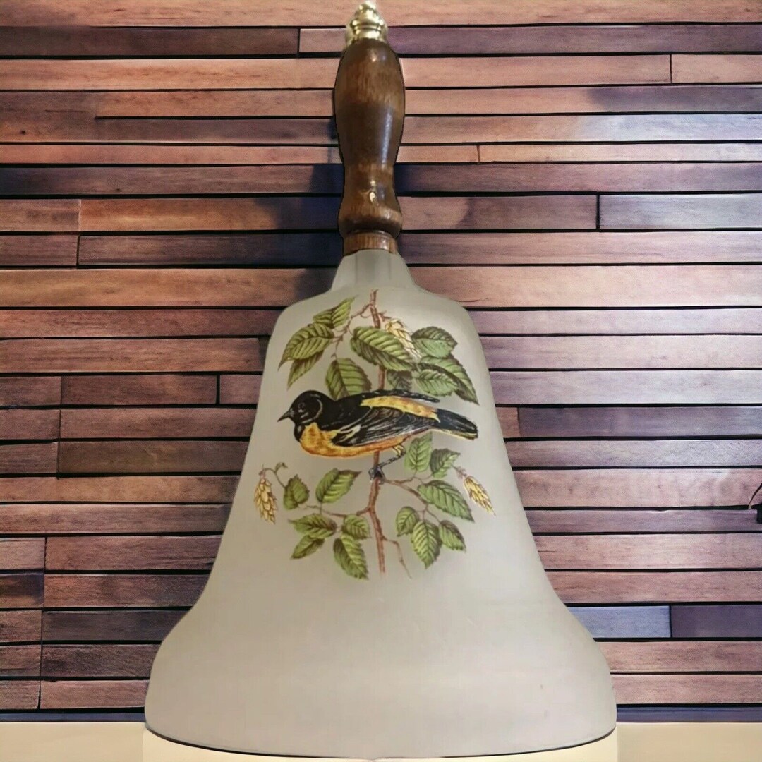 Vintage Frosted Glass Large School Bell, Oriole Bird Design, Wooden ...