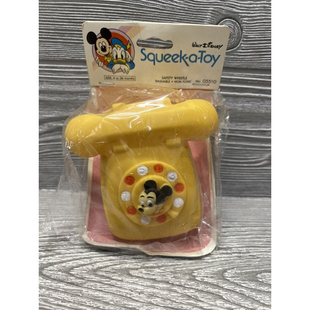 Vintage Walt Disney Yellow Squeaky Telephone NOS Baby Toddler Toy RARE ...