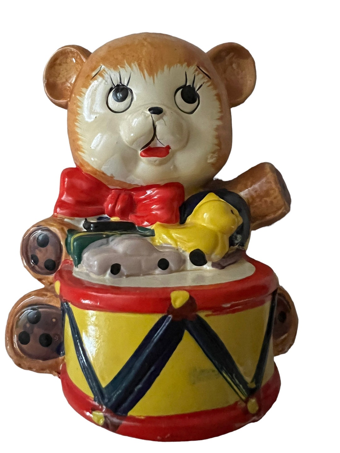 Vintage Ceramic Teddy Bear With Drum Bank Hand Painted Retro - Etsy
