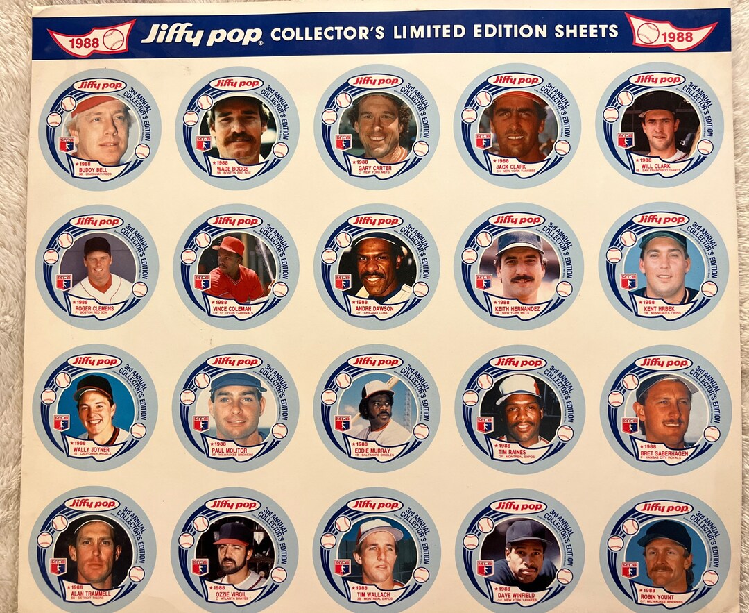 1988 Jiffy Pop Popcorn Baseball Collector’s Limited Edition Sheet, 20 ...