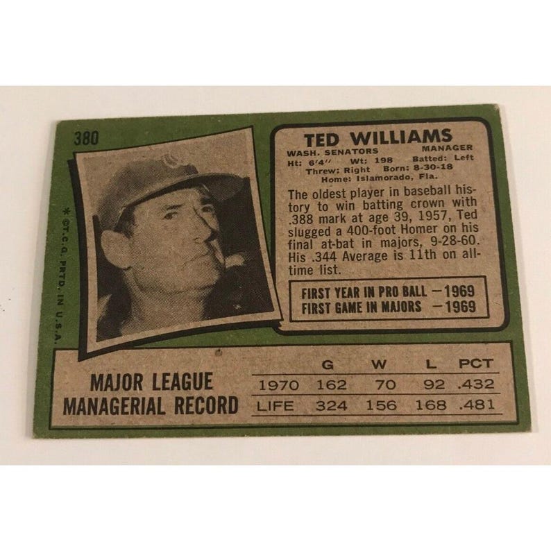 1971 Topps Baseball Ted Williams #380 Washington Senators Vintage MLB ...
