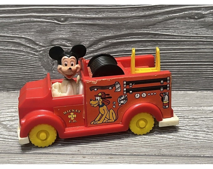 Vintage 1970s Knickerbocker Mickey Mouse Fire Truck Toy Walt Disney ...
