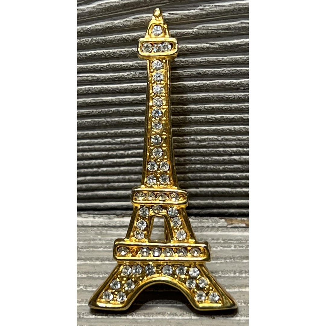 Vintage Eiffel Tower Pin Brooch Gold Tone Rhinestones 2” Paris Fashion ...