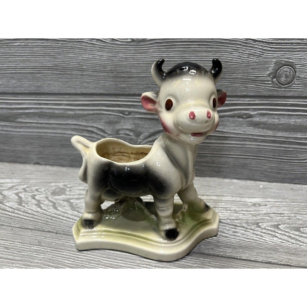 Vintage Ceramic Black & White Cow Planter Midcentury Kitsch Decor 7.25 ...