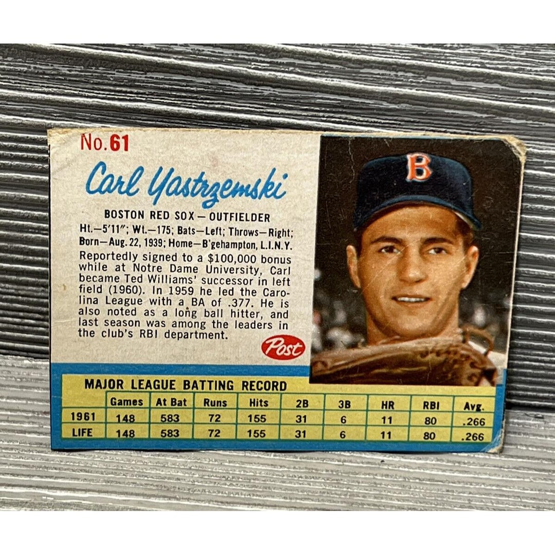 1962 Post Baseball Carl “yaz# Yastrzemski #61 Boston Red Sox Vintage ...