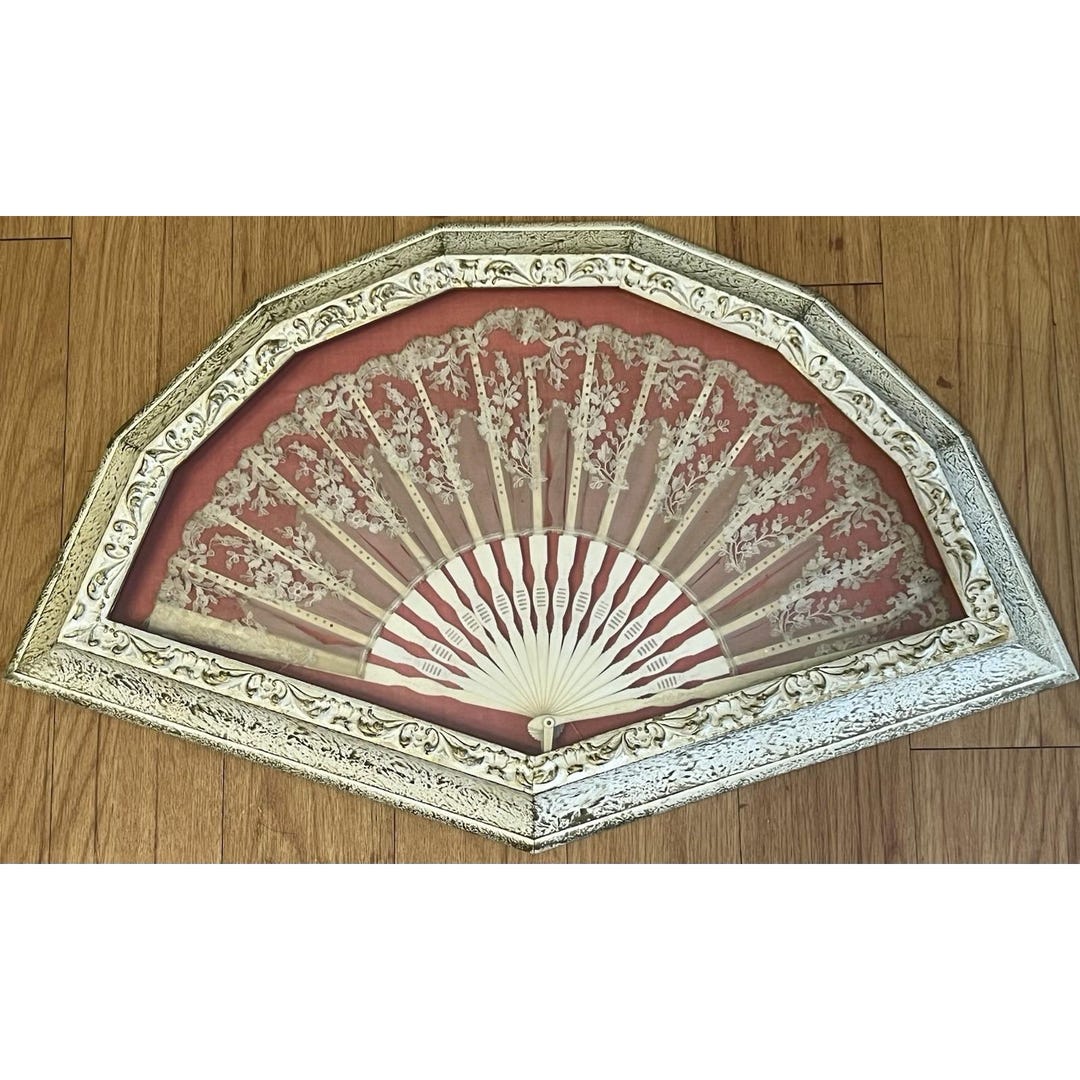 Framed Antique Victorian Lace Fan Ornate Large Shadow Box 23.5” X 15 ...