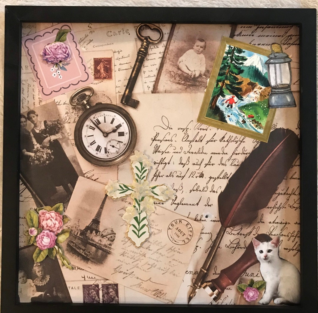 Vintage Look Framed Handmade Collage Wall Decor Art OOAK Retro Greeting ...