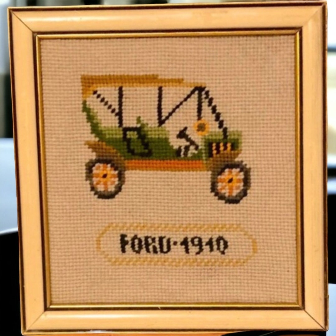 Vintage Ford Car Framed Automobile Cross Stitch, Midcentury Needlework ...