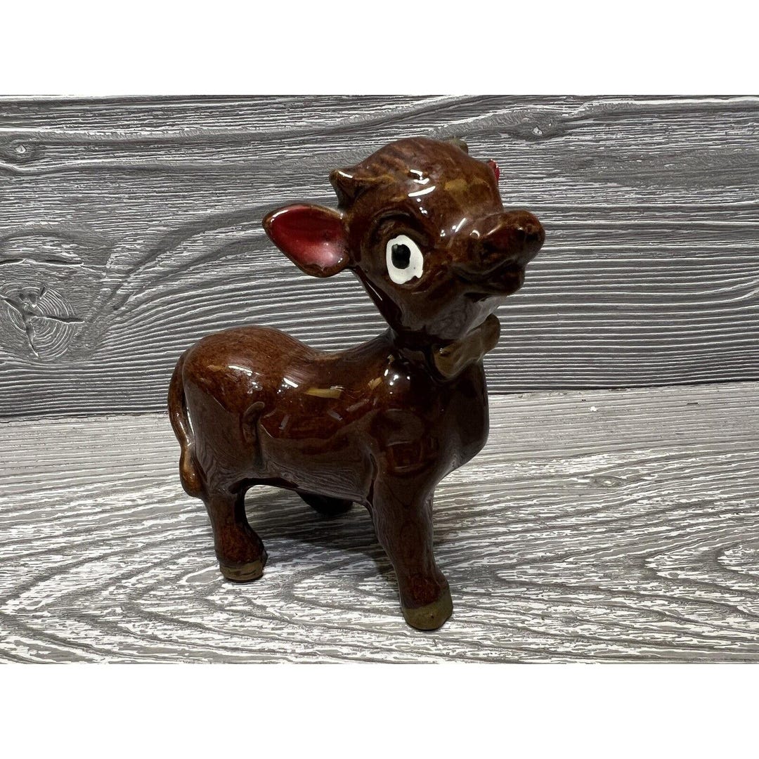 Vintage Ceramic Brown Cow Calf Figurine 4.25” X 4” Midcentury Kitsch ...