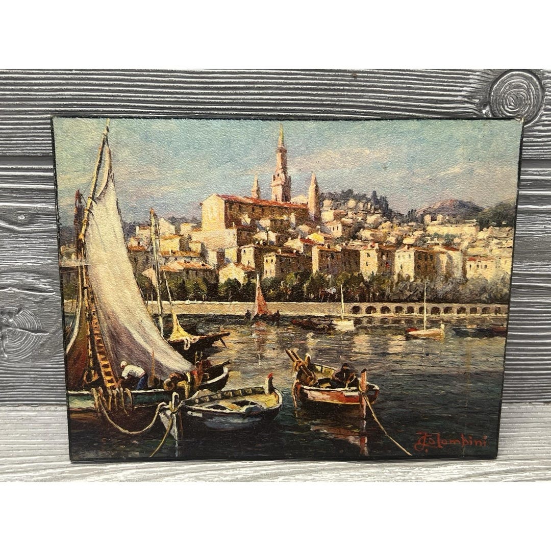 J Colombini Oil Painting on Wood Plaque Art Signed Boats Fishermen ...