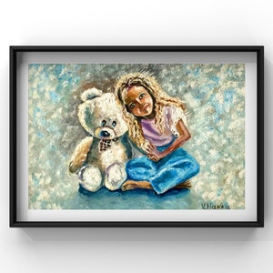 Girl & Teddy Bear. Happy Childhood Painting. Original Combination Oil ...