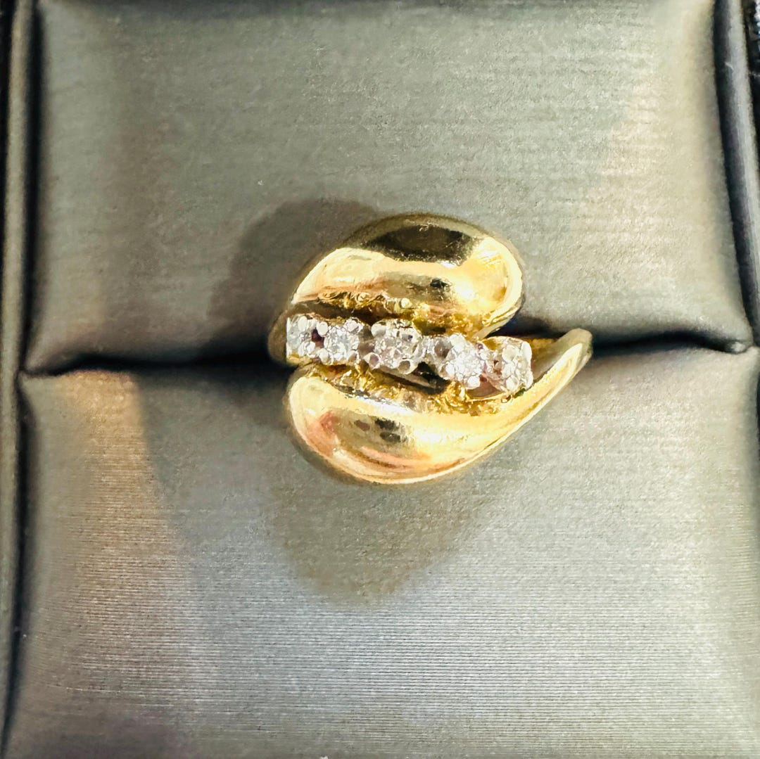 MCM 1960s Solid 14k Yellow Gold Natural Round Diamond 5 Stone Chunky ...