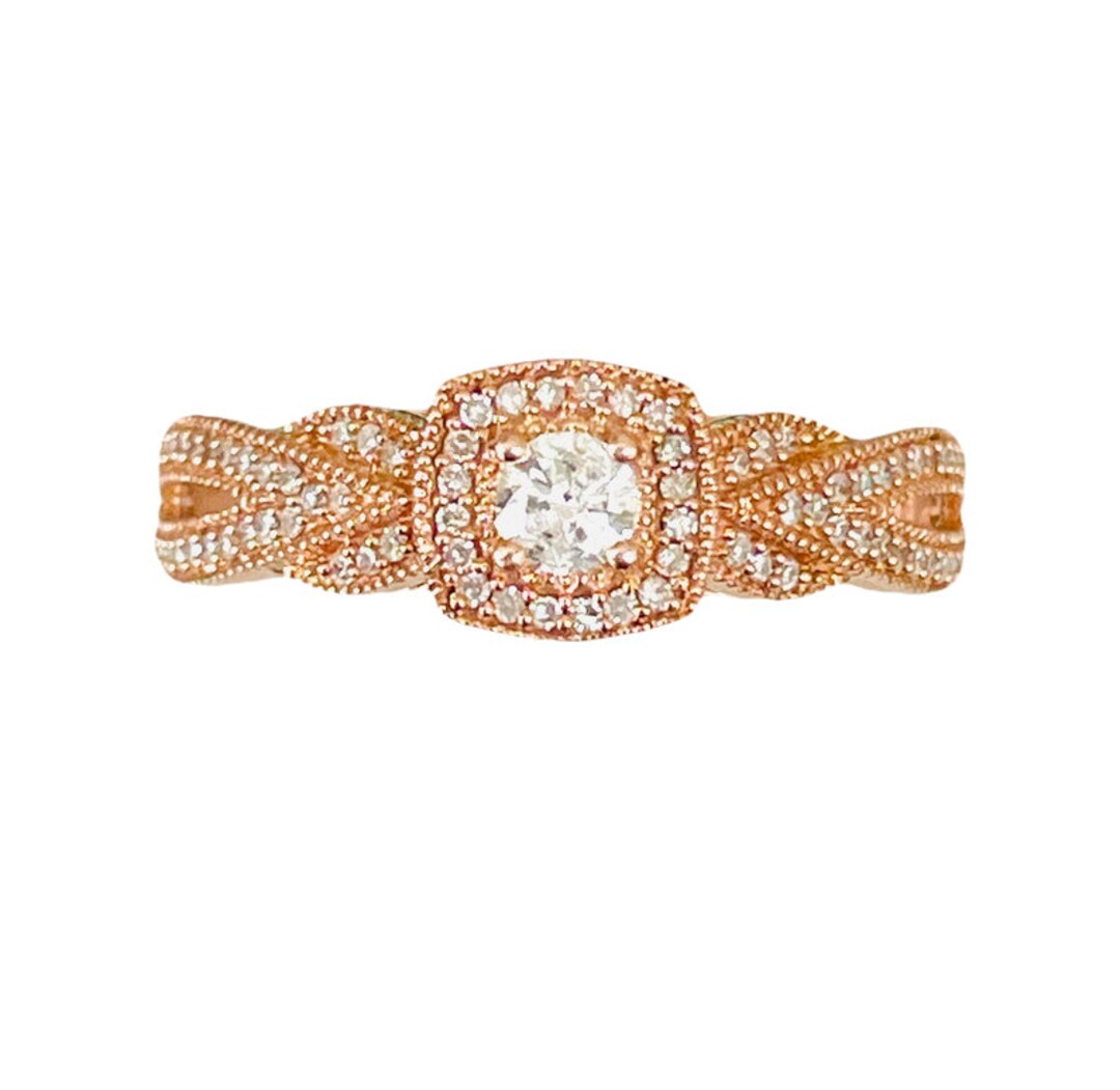 Y2K Natural Diamond Solid 10k Rose Gold Halo Micrograin Split Shank ...