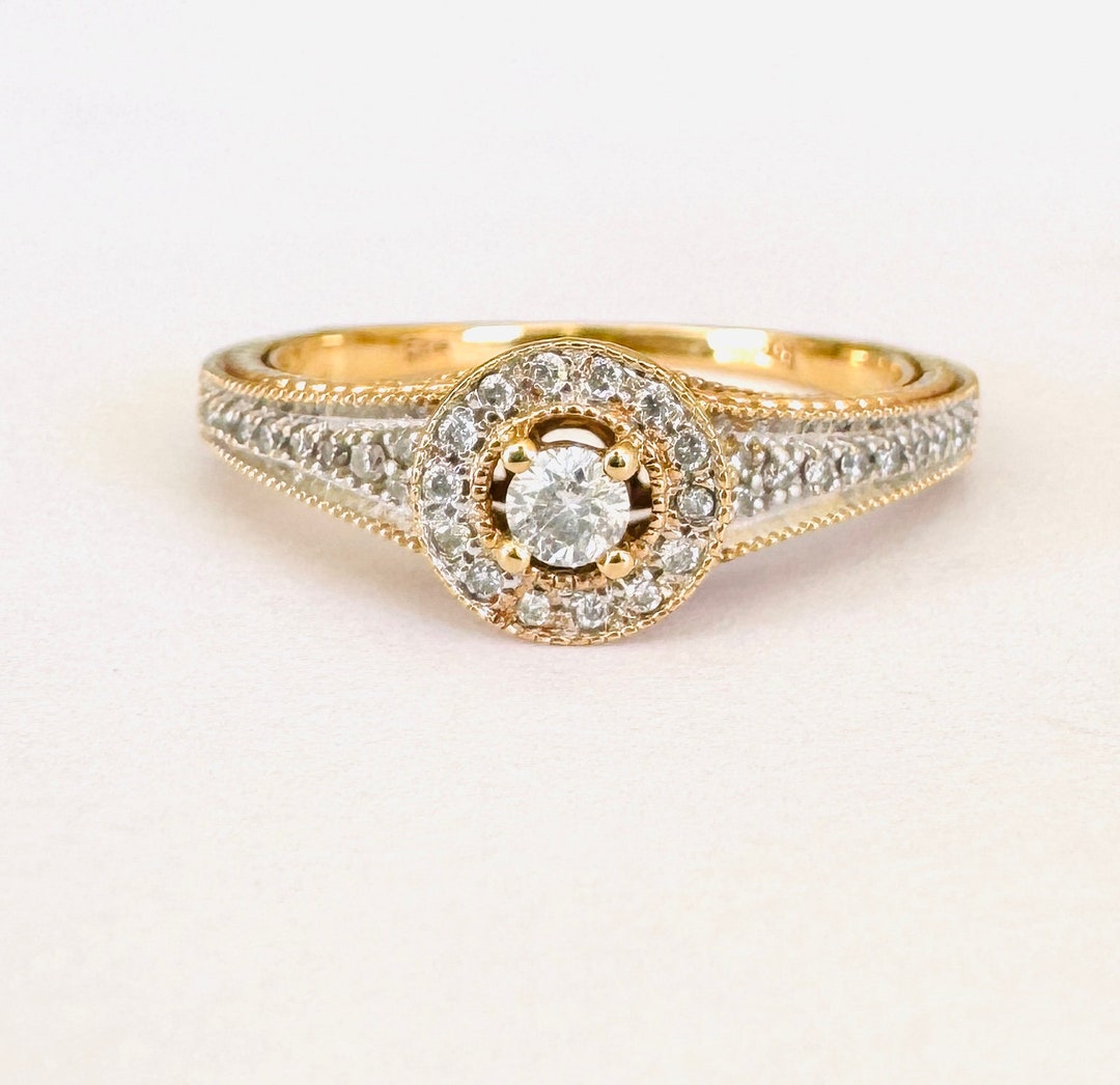 Y2K Estate Natural Diamond Solid 10k Yellow Gold Vintage Halo Ornate ...
