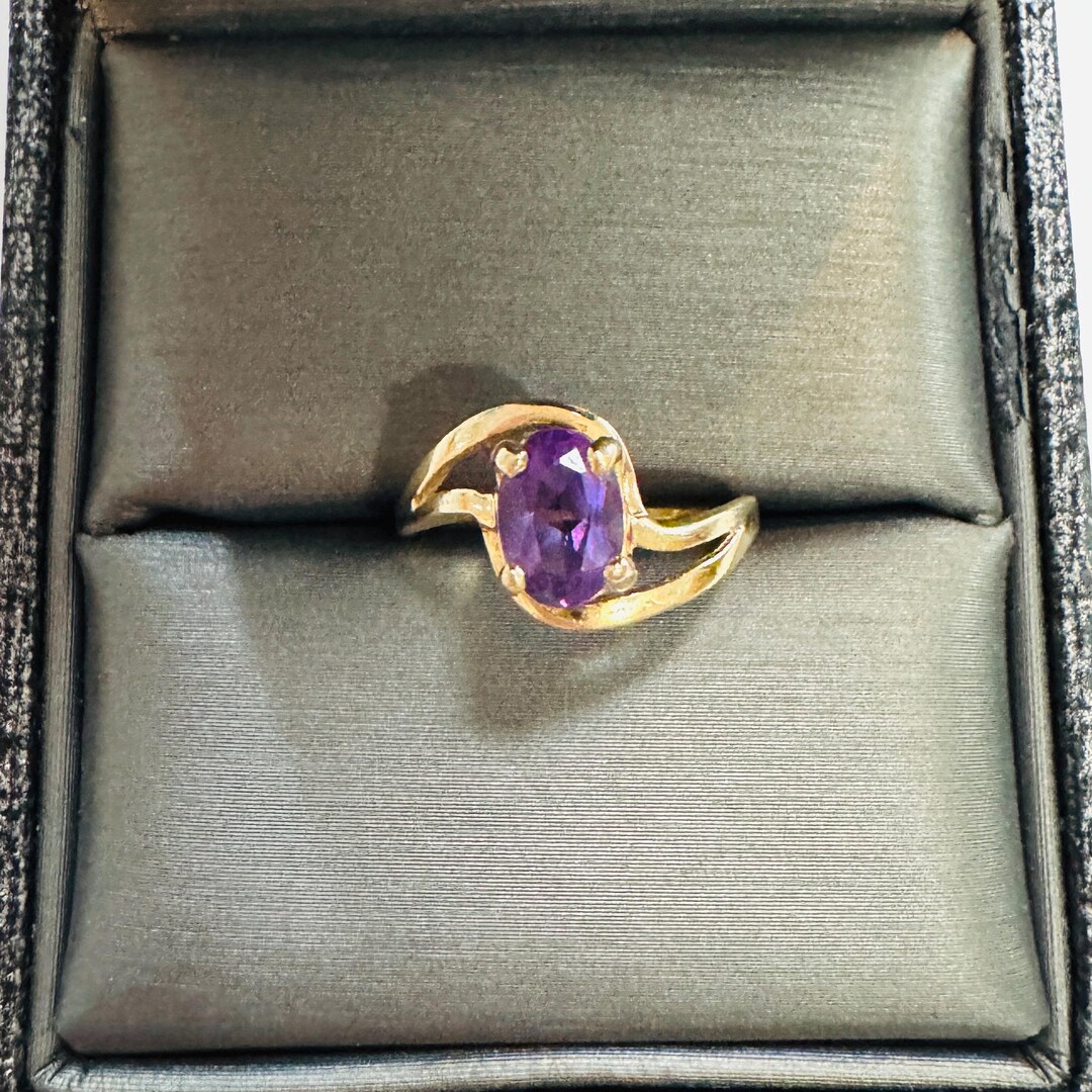 Estate 1.5ct Solid 10k Yellow Gold Natural Purple Oval Amethyst Bypass ...