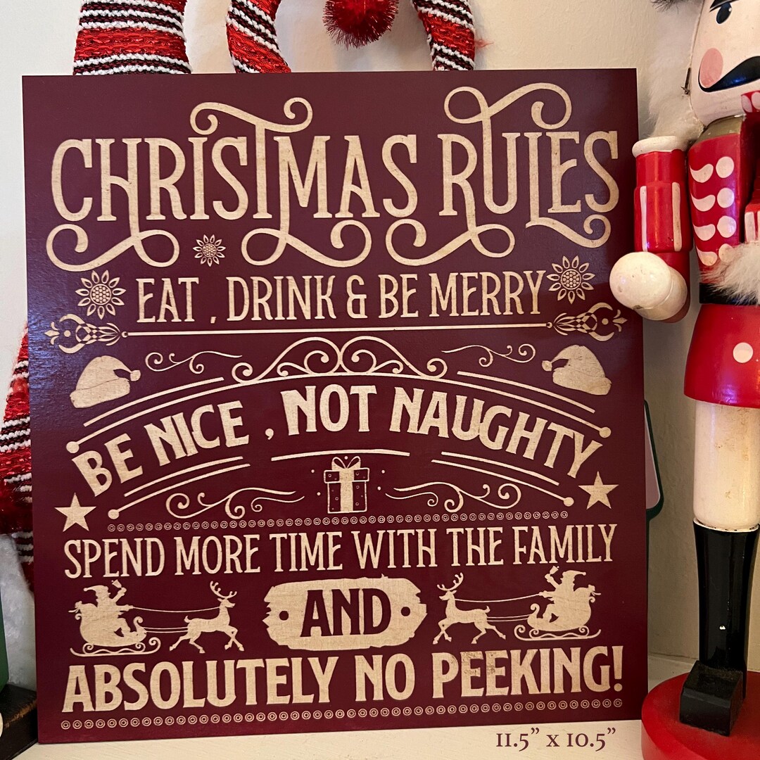 Christmas Rules Sign Family Laser Engraved Cranberry Color Novelty 11.5 ...
