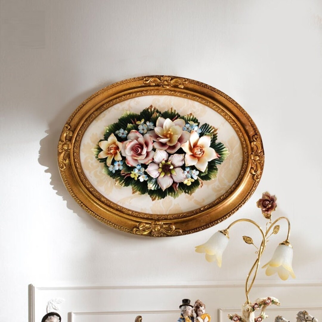 Handmade Capodimonte Style Porcelain Flower Bouquet in Oval Frame Wall ...